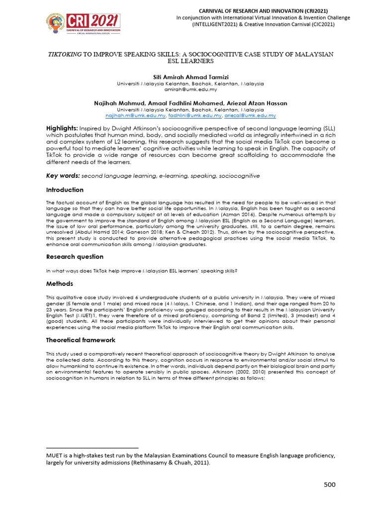 4 tiktoking for speaking | PDF | Second Language | Learning