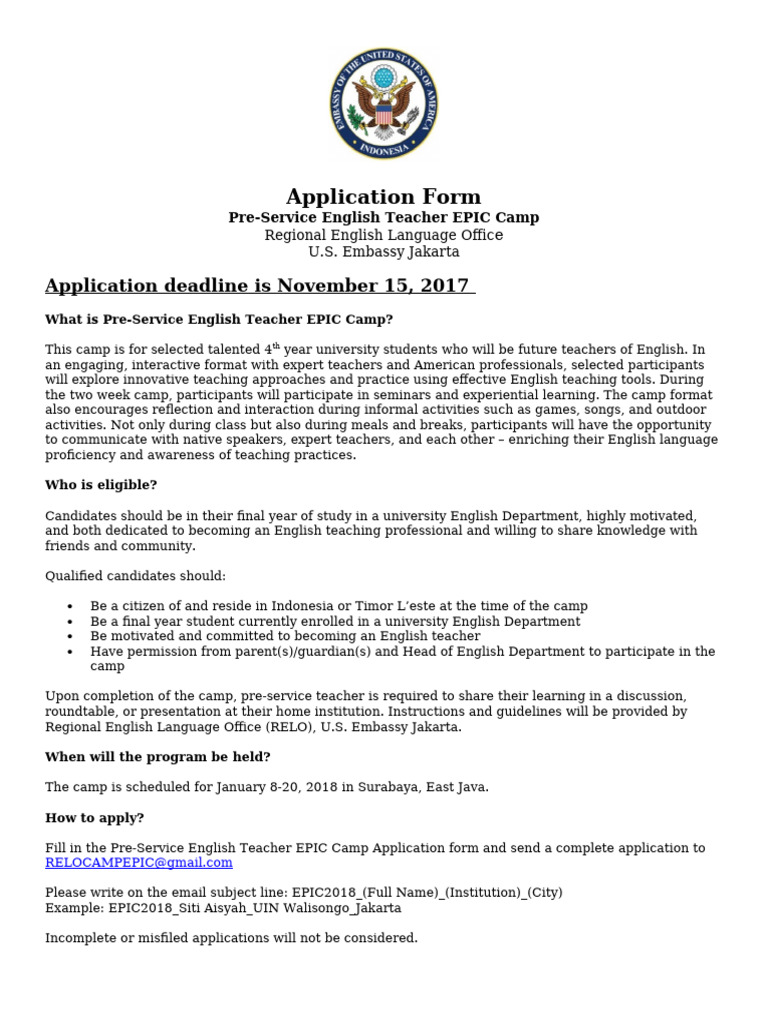 Pre-Service English Teacher Camp Application | PDF | Teachers | Learning