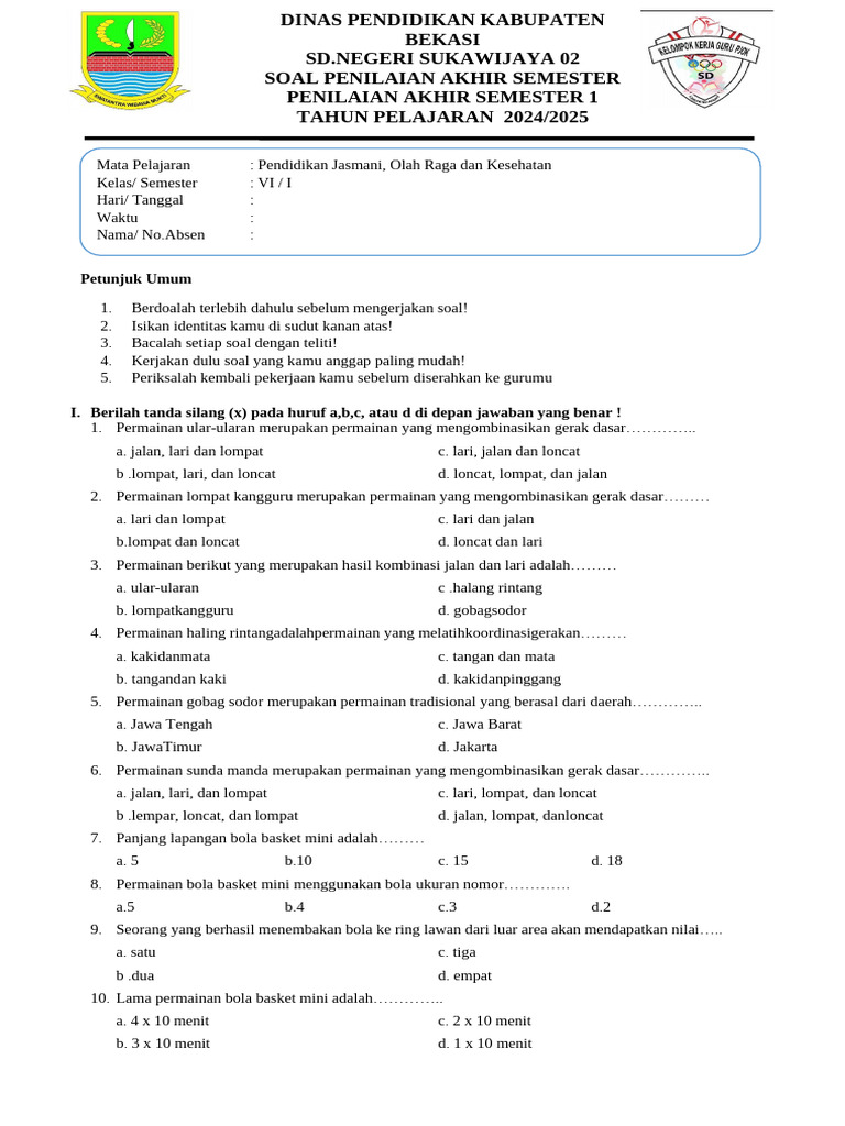 Soal PAS PJOK Kelas 6 NEW | PDF