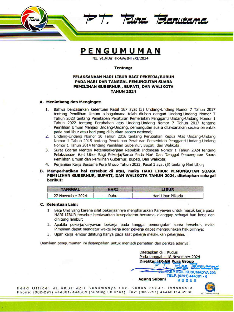 Pengumuman Libur Pilkada 2024 | PDF