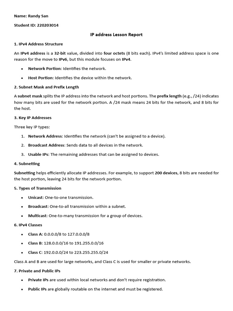 Randy SAN - IP Address Lesson Report | PDF