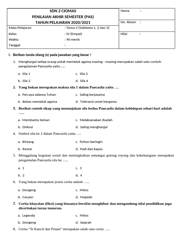 Soal PAS Kelas 4 SD Tema 4 | PDF