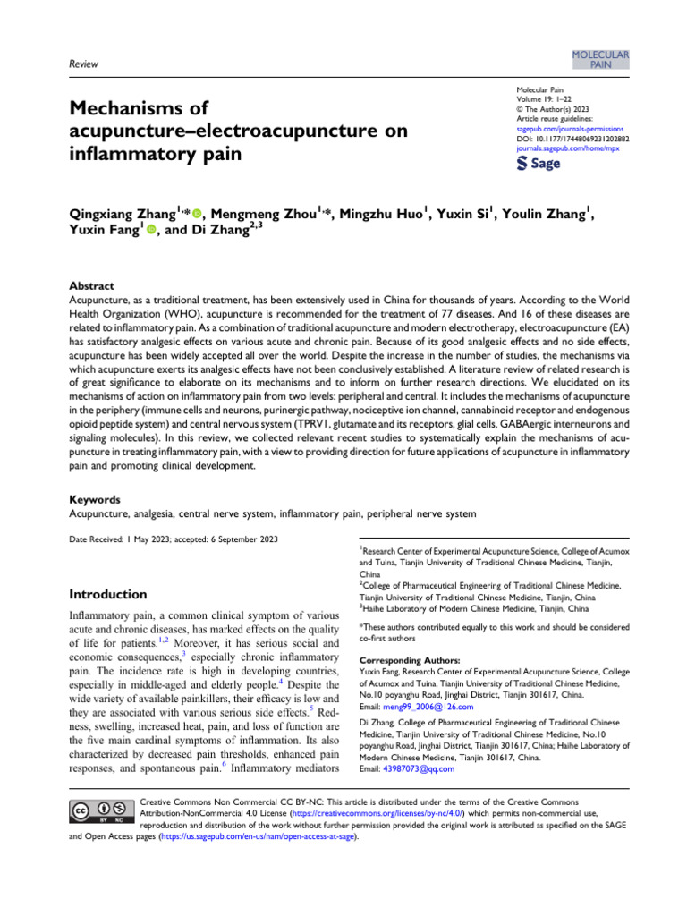 Mechanisms of acupuncture-electroacupuncture on inflammatory pain | PDF ...