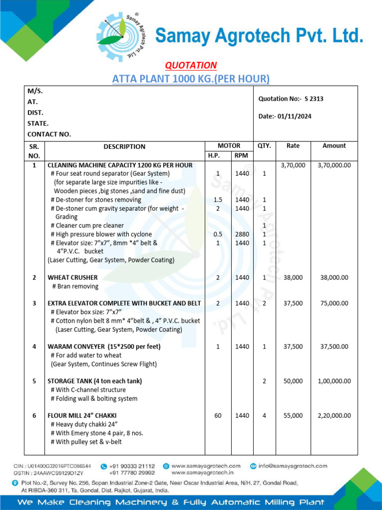 Atta Plant Quotation 1000 KG/Hr | PDF | Manufactured Goods