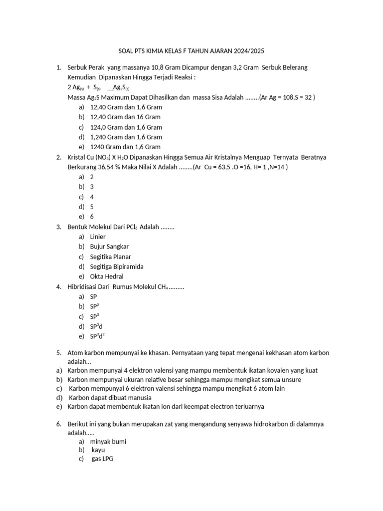 SOAL PTS KIMIA KELAS F TAHUN AJARAN 2024 | PDF