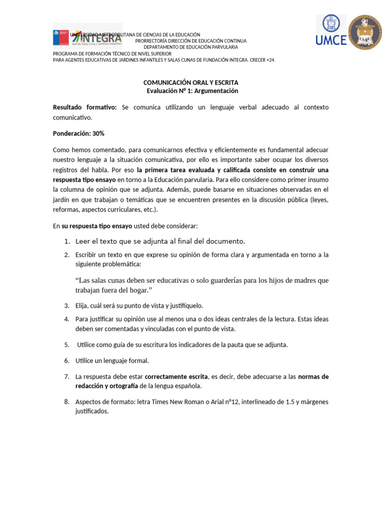 Evaluaci N 1 Comunicaci N Oral y Escrita | PDF | Educación de la primera infancia