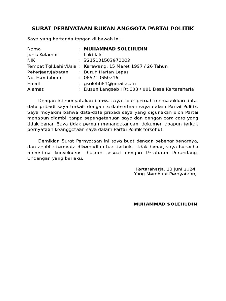 Surat Pernyataan Bukan Anggota Partai Politik | PDF