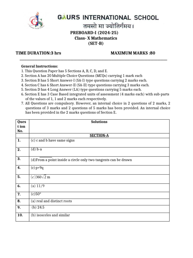 Marking Scheme Class X Preboard 1 SET-B (2024-25) | PDF | Odds | Arithmetic