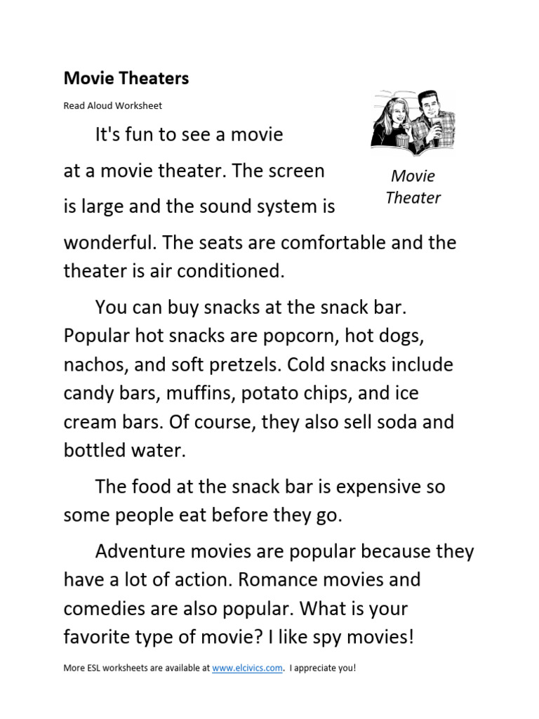 Movie Theater ESL Worksheet | PDF