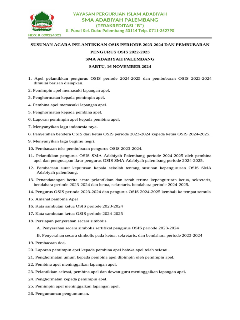 Pelantikan OSIS SMA Adabiyah 2024-2025 | PDF