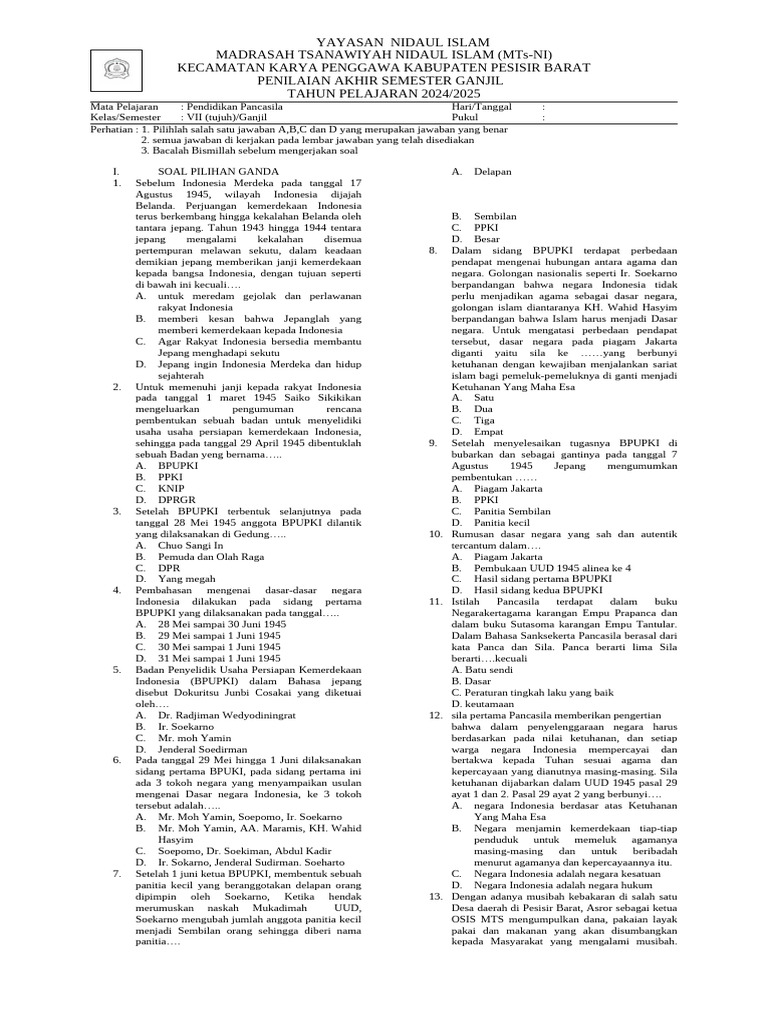 SOAL Pend. Pancasila KLS 7 Ganjil Kurmer 2024 | PDF