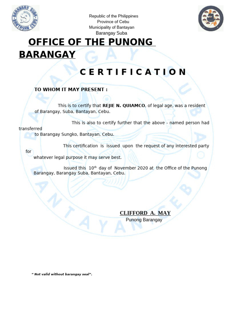 Cert For Transfer of Residence | PDF