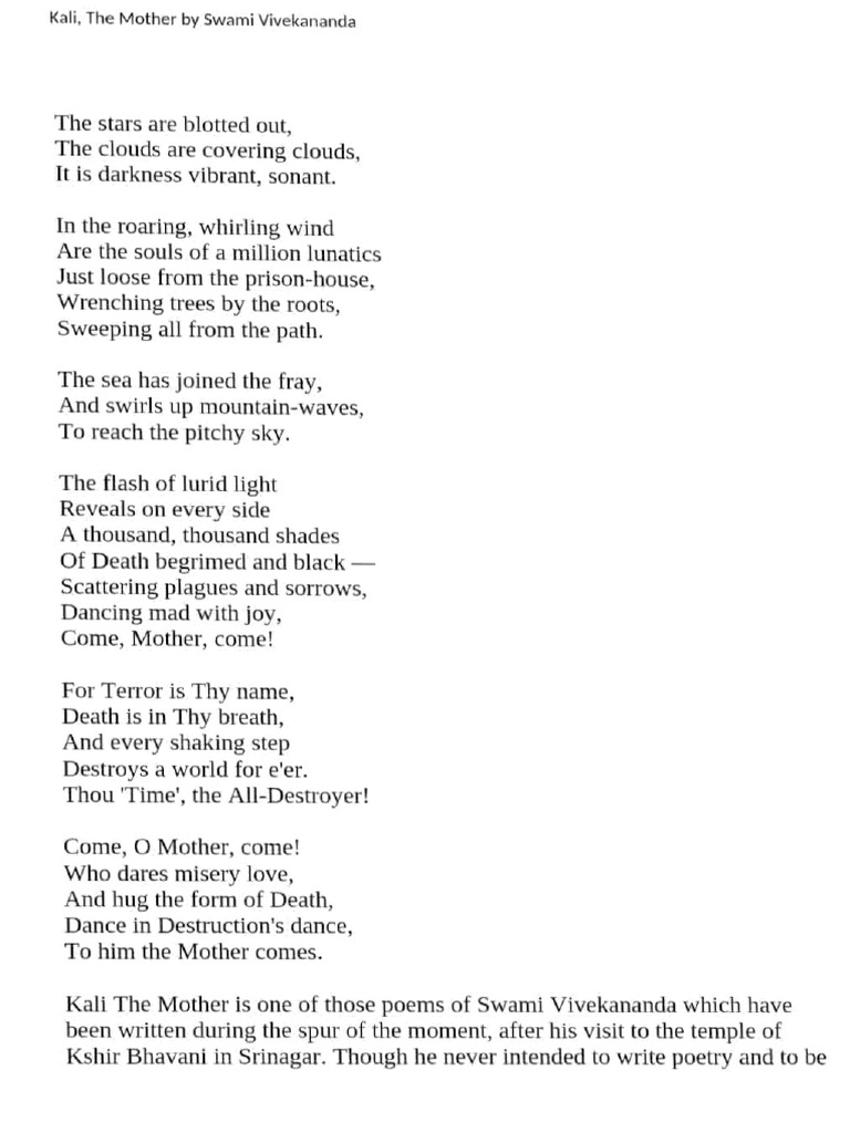 Kali the mother. (poem) by Swami Vivekananda | PDF | Kali