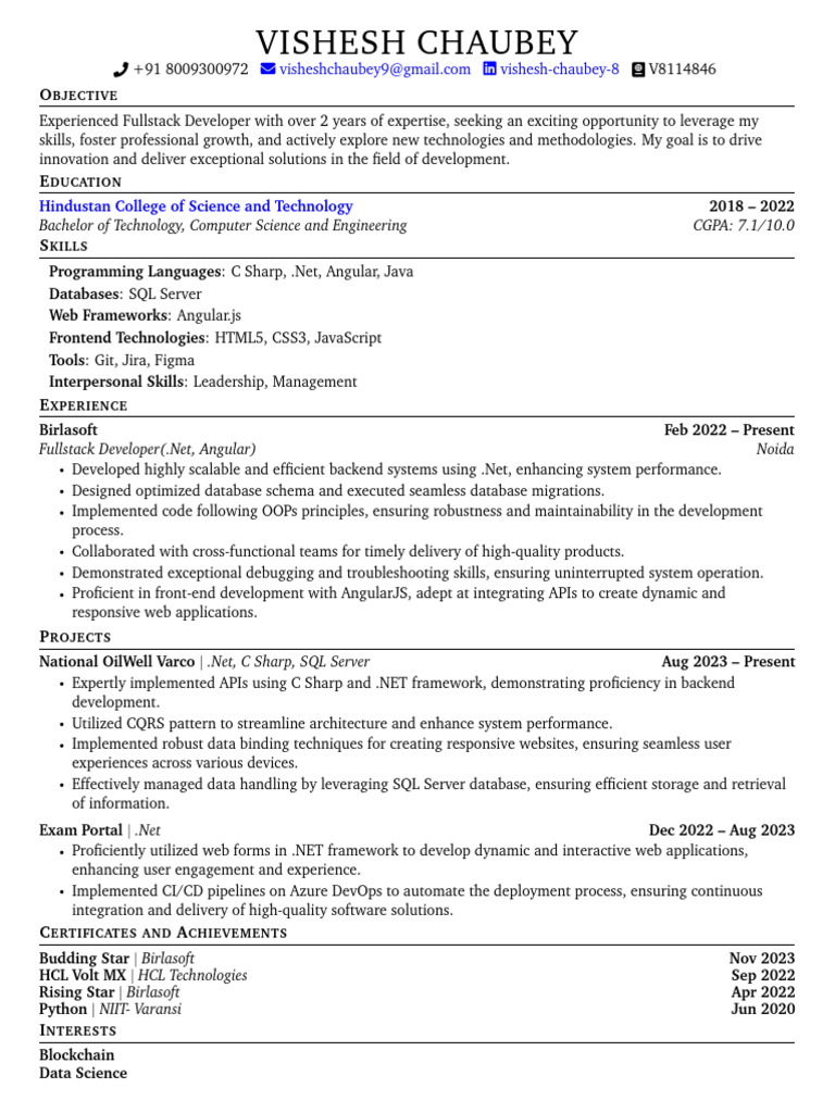 Fullstack Developer Resume - Vishesh Chaubey | PDF | Databases | Microsoft Sql Server