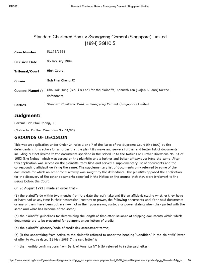 Standard Chartered Bank V Ssangyong Cement Singapore Limited | PDF ...