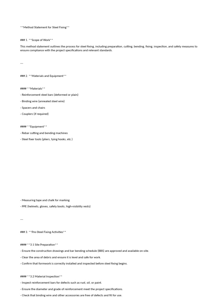 Method Statement For Steel Fixing Work | PDF | Occupational Safety And ...