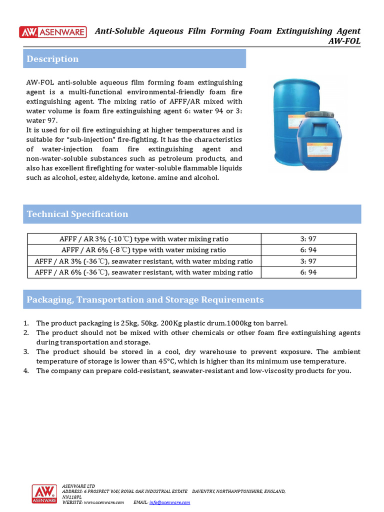 AW-FOL (AFFF-AR) Anti-Soluble Aqueous Film Forming Foam Extinguishing ...
