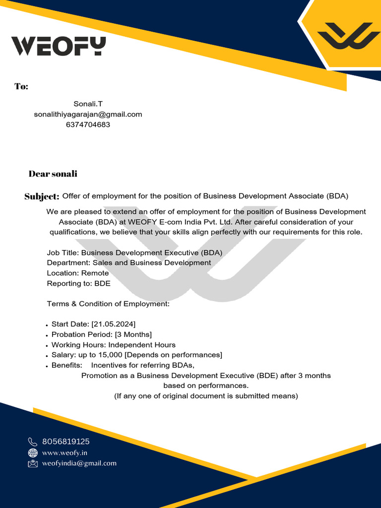 Sonali BDA Offer Letter | PDF | Employment | Economies