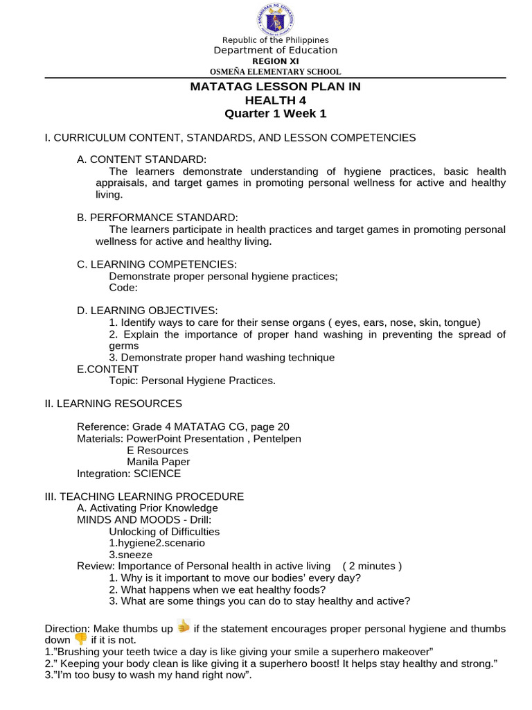 Grade 4 Personal Hygiene Lesson Plan | PDF | Hygiene | Toothbrush