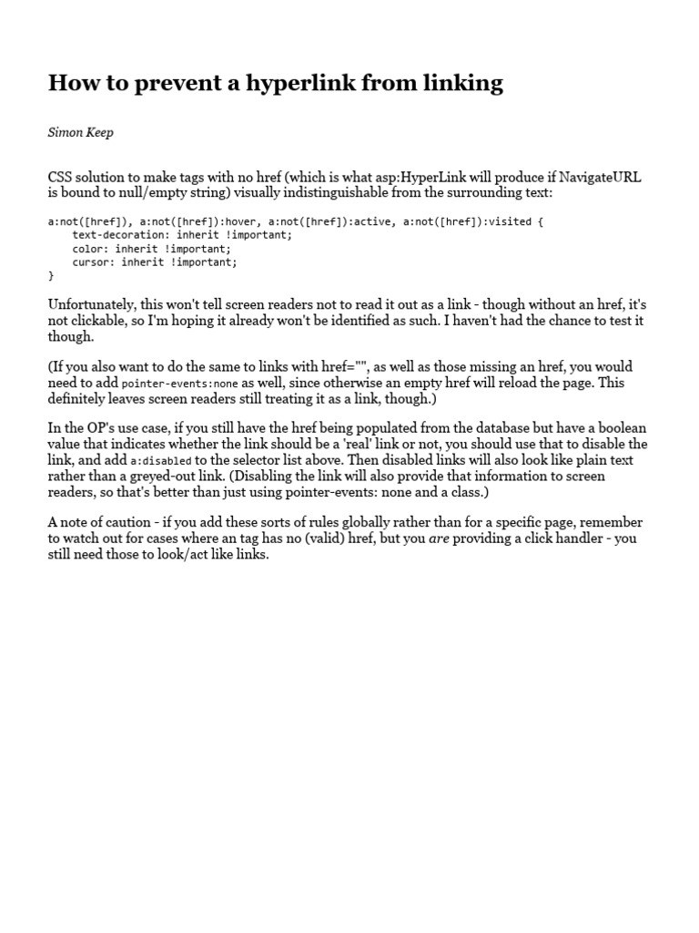 How To Prevent A Hyperlink From Linking - Stack Overflow | PDF