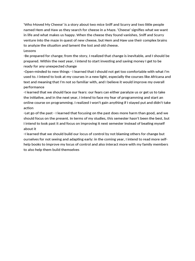 Who Moved My Cheese Assignment Pdf