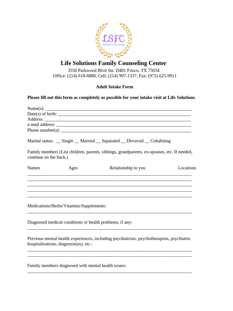 Adult Intake Form Updated | PDF | Mental Health | Psychotherapy
