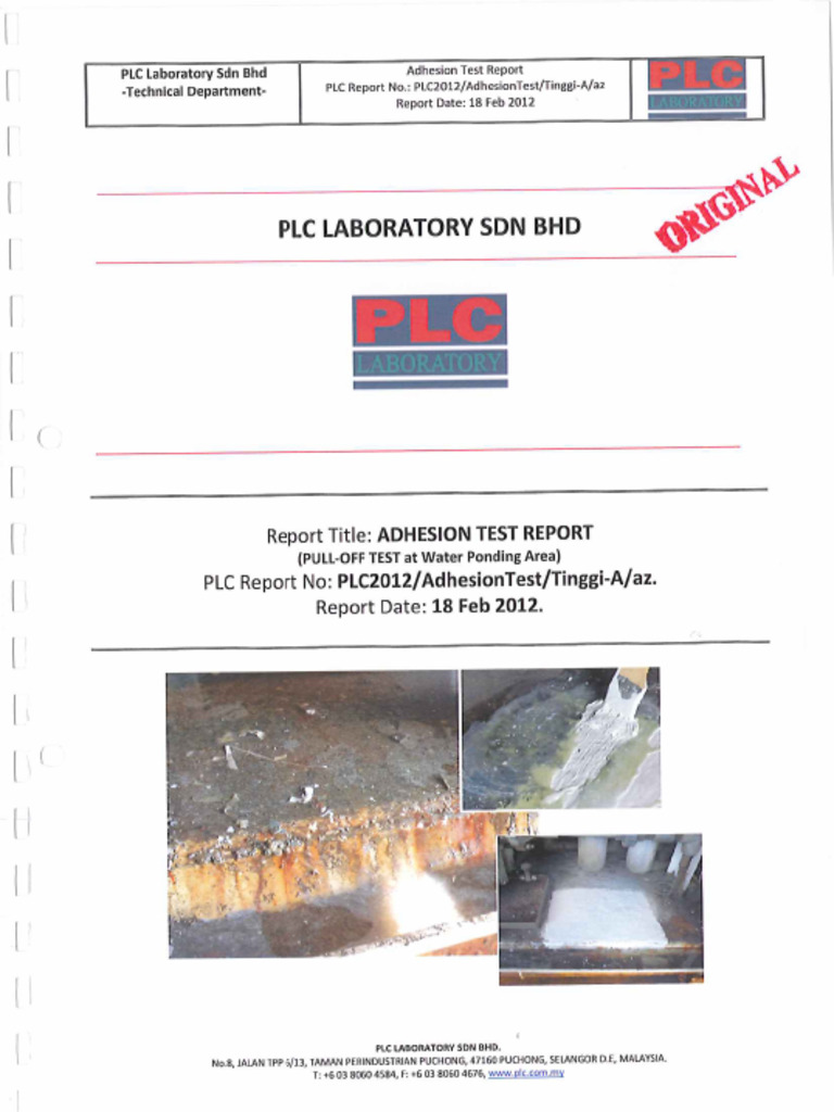 Adhesion Test at Tinggi A - Water Ponding Area | PDF