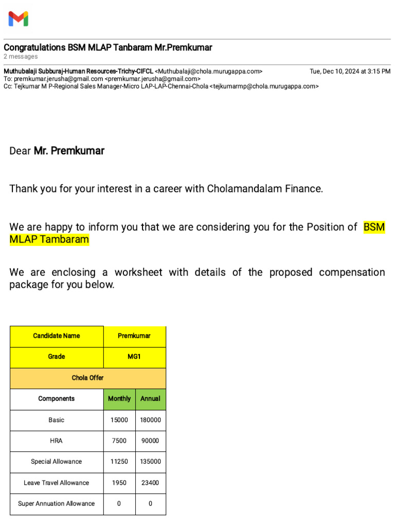 BSM MLAP Tambaram Job Offer Details | PDF