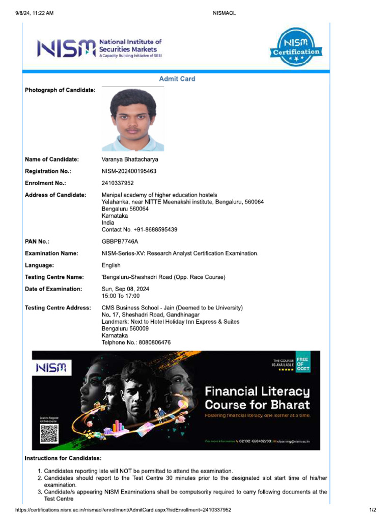NISM - Admit Card | PDF
