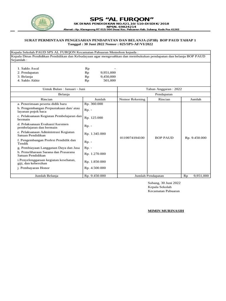 Format Sp3b Paud Al Furqon | PDF