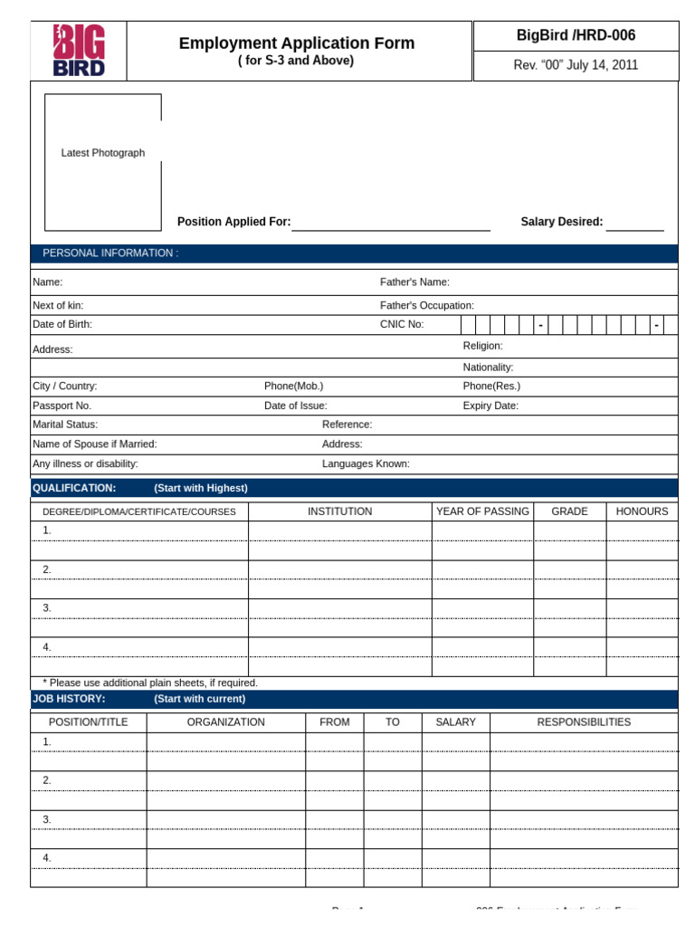 006 EmploymentApplicationForm BigBirdFoods | PDF | Labor | Business