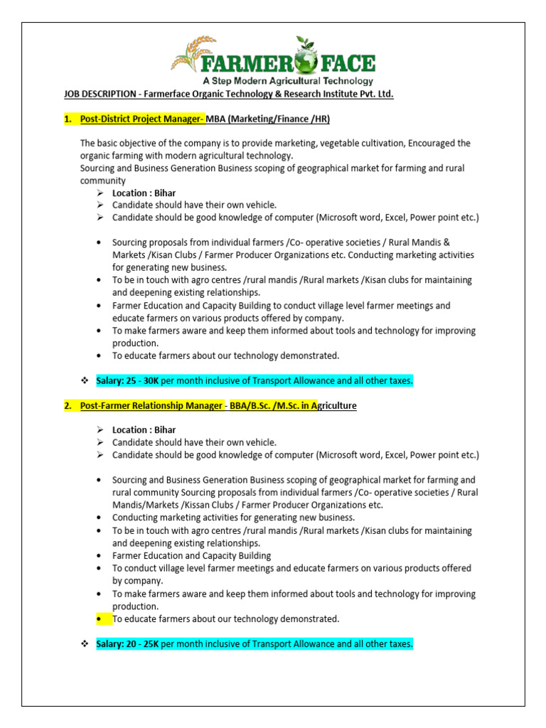 Job Description - Farmer Face-1 | PDF | Agriculture | Food Industry