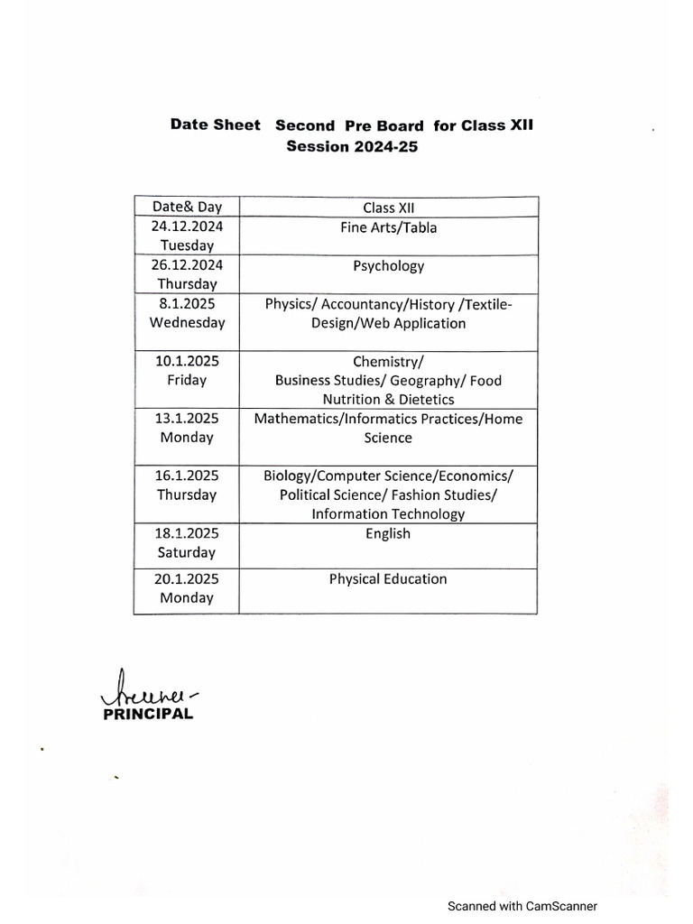 Date Sheet Second Pre Board For Class XII 2024-25 | PDF