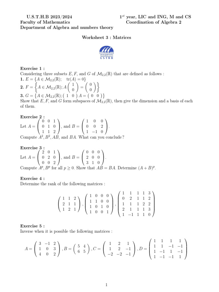 Worksheet 3 Matrices Pdf Matrix Mathematics Algebra
