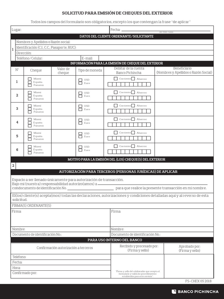 Solicitud de Cheques del Exterior | PDF | Cheque | Dólar de los Estados ...