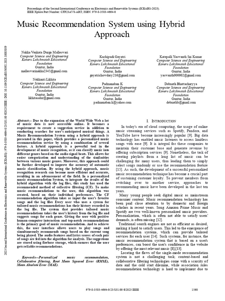 Music Recommendation System Using Hybrid Approach | PDF | Computing | Information Science
