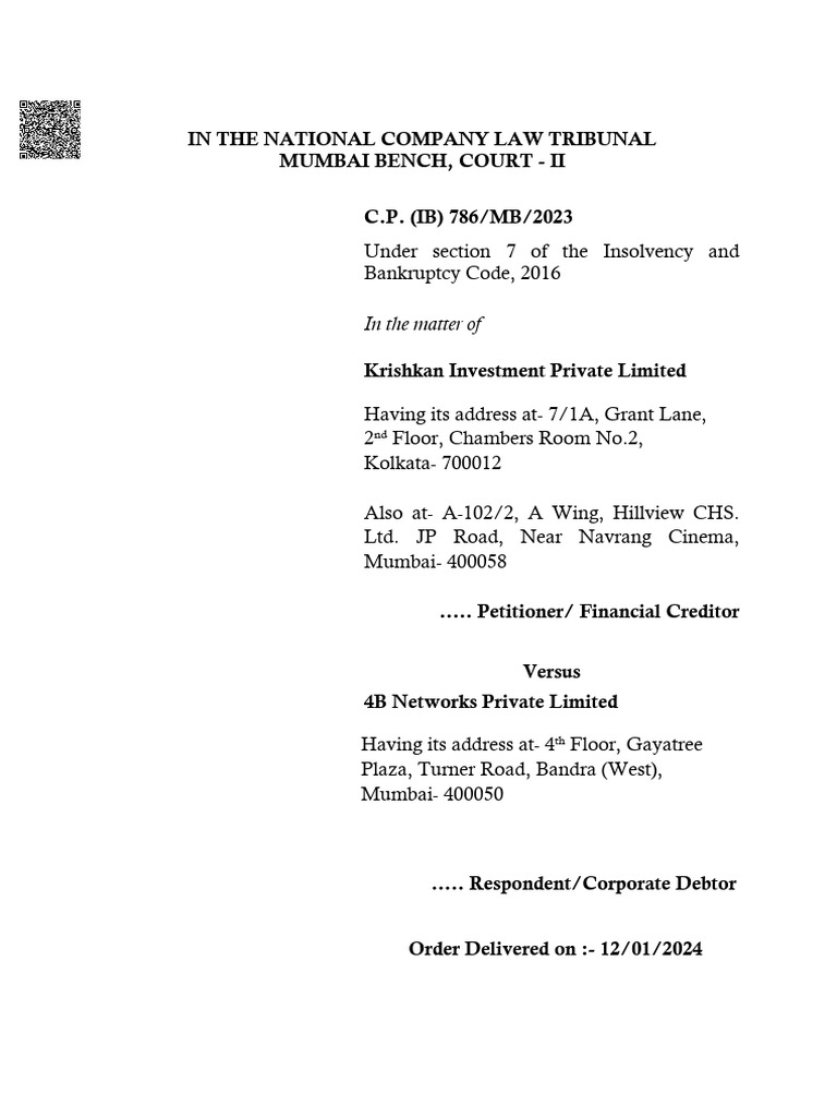 4B Networks CIRP Order 12.01.2024 | PDF | Bankruptcy | Debtor