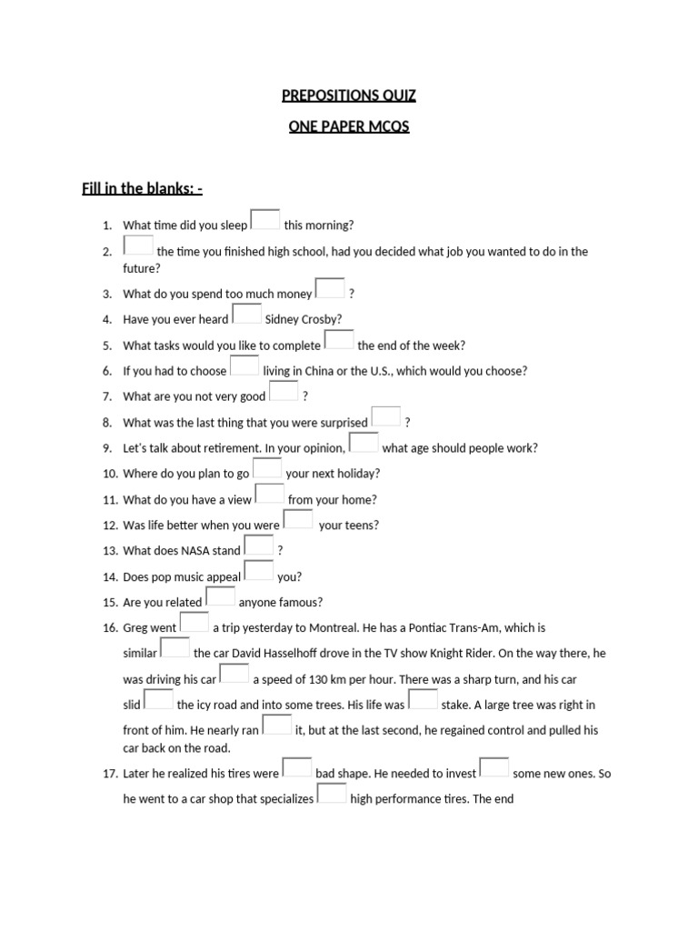 PREPOSITIONS QUIZ | PDF