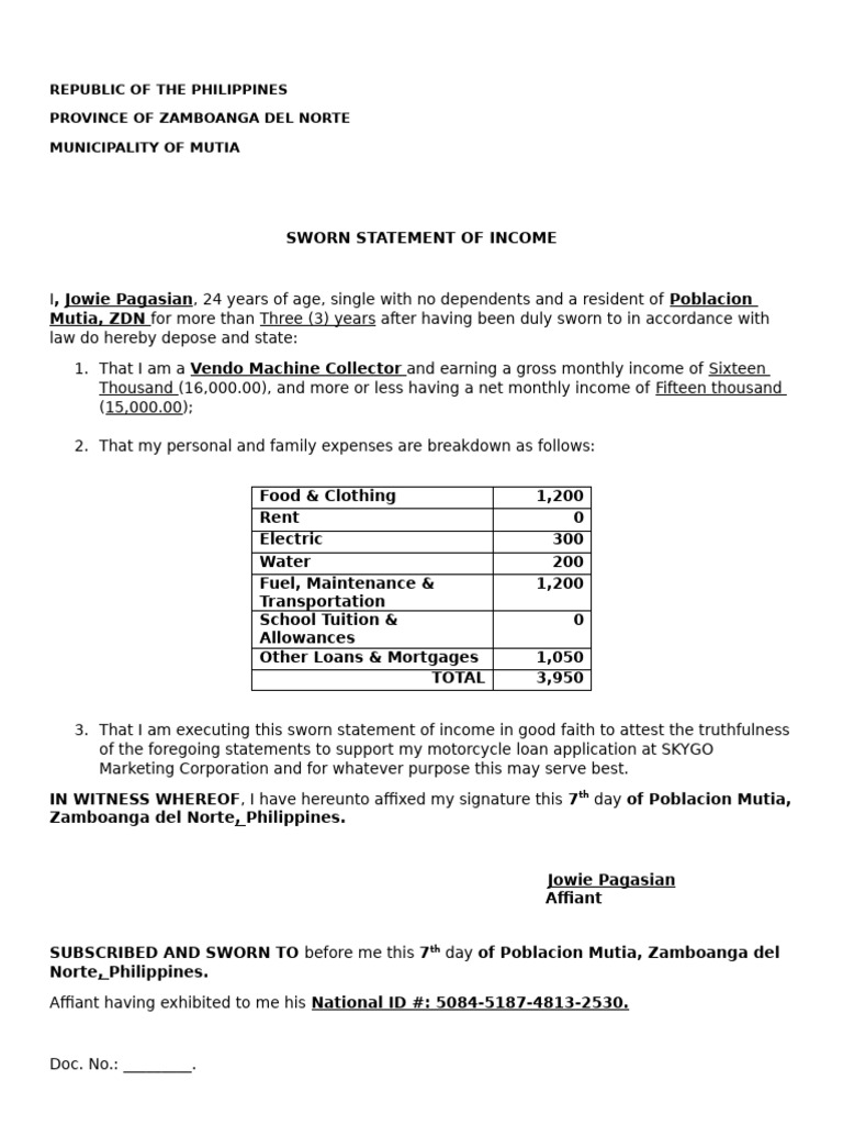 Standard Sworn Statement of Income PAGASIAN | PDF