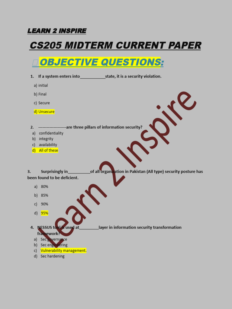 CS205 Midterm Current Paper by Learn 2 Inspire | PDF | Security | Computer Security