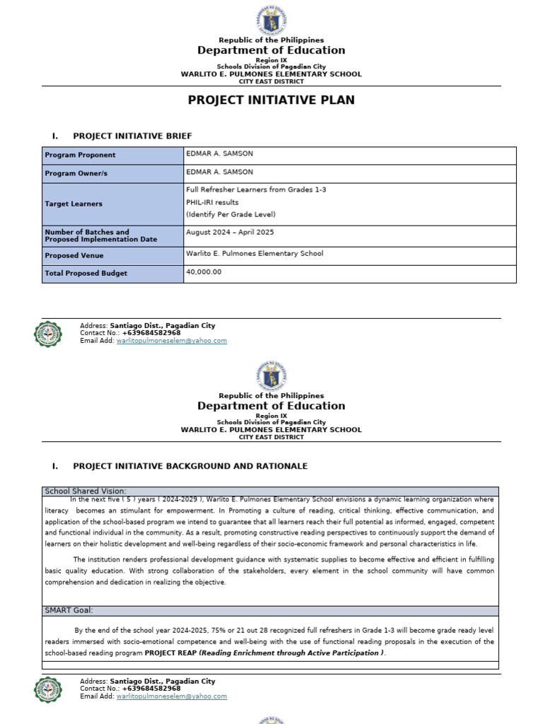 Project Initiative Plan For Crla 2024-2025 | PDF | Literacy | Mentorship