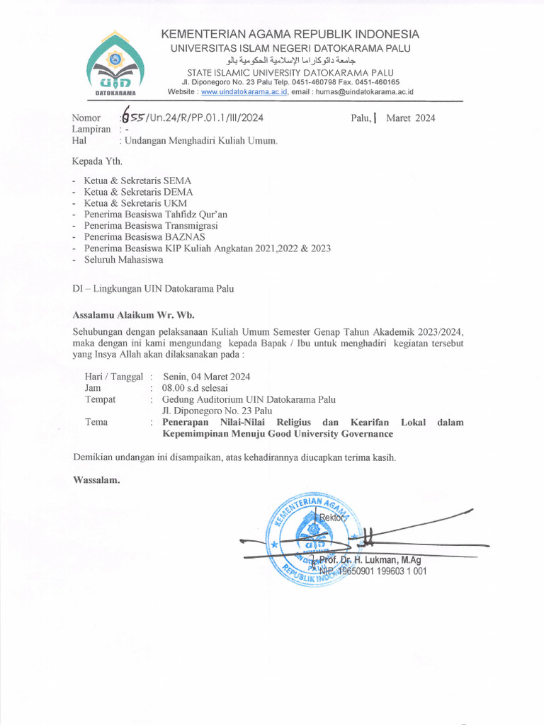Surat Rektor UIN Datokarama Palu Tentang Undangan Menghadiri Kuliah Umum + | PDF