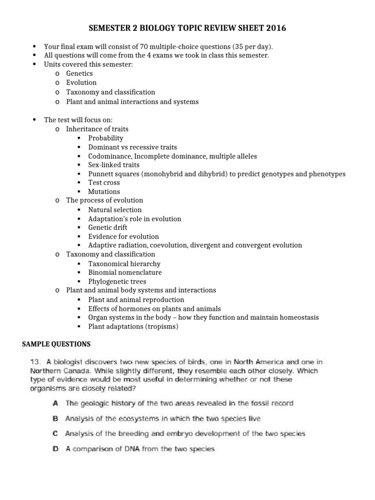 Semester 2 Biology Exam Review 2016 | PDF