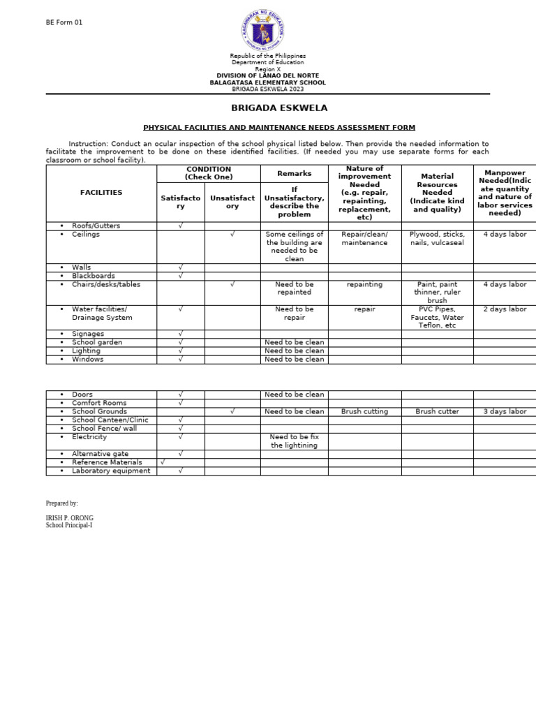 BE Form 1 - PHYSICAL FACILITIES AND MAINTENANCE NEEDS ASSESSMENT FORM | PDF | Building Engineering
