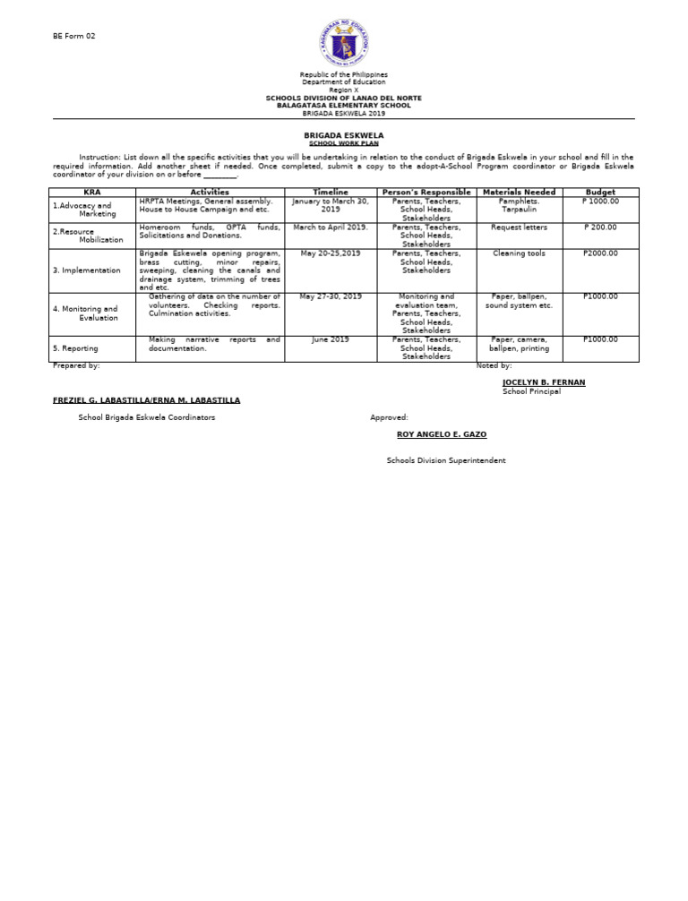 BE Form 2 - SCHOOL WORK PLAN | PDF