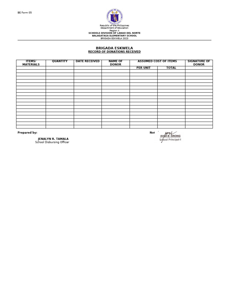 BE Form 5 - RECORD OF DONATIONS RECEIVED | PDF