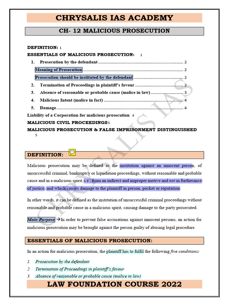 Study-Material-Law-of-Torts-Ch-12-Malicious-Prosecution_unlocked | PDF ...