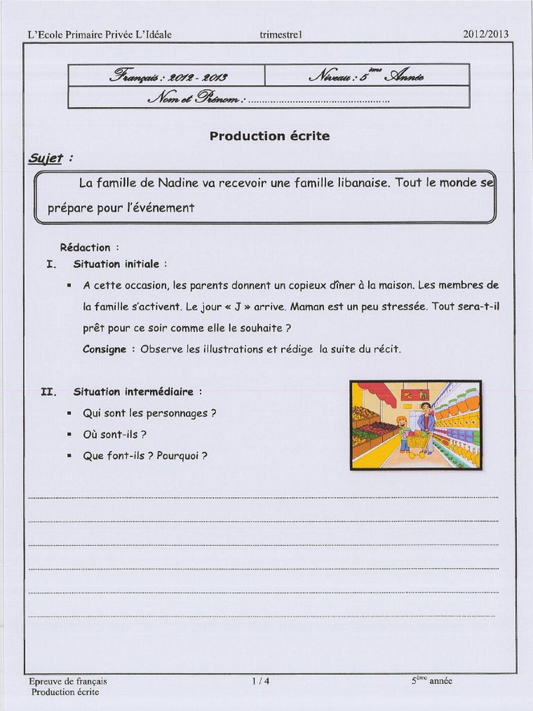 Epreuve de Français (Production écrite) - 1er Trimestre - 5ème année ...