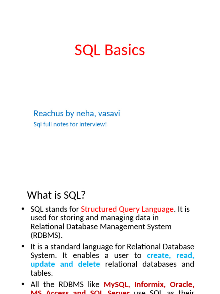 SQL Full Notes Reachus | PDF | Sql | Relational Database SQL Full Notes Reachus | PDF | Sql | Relational Database