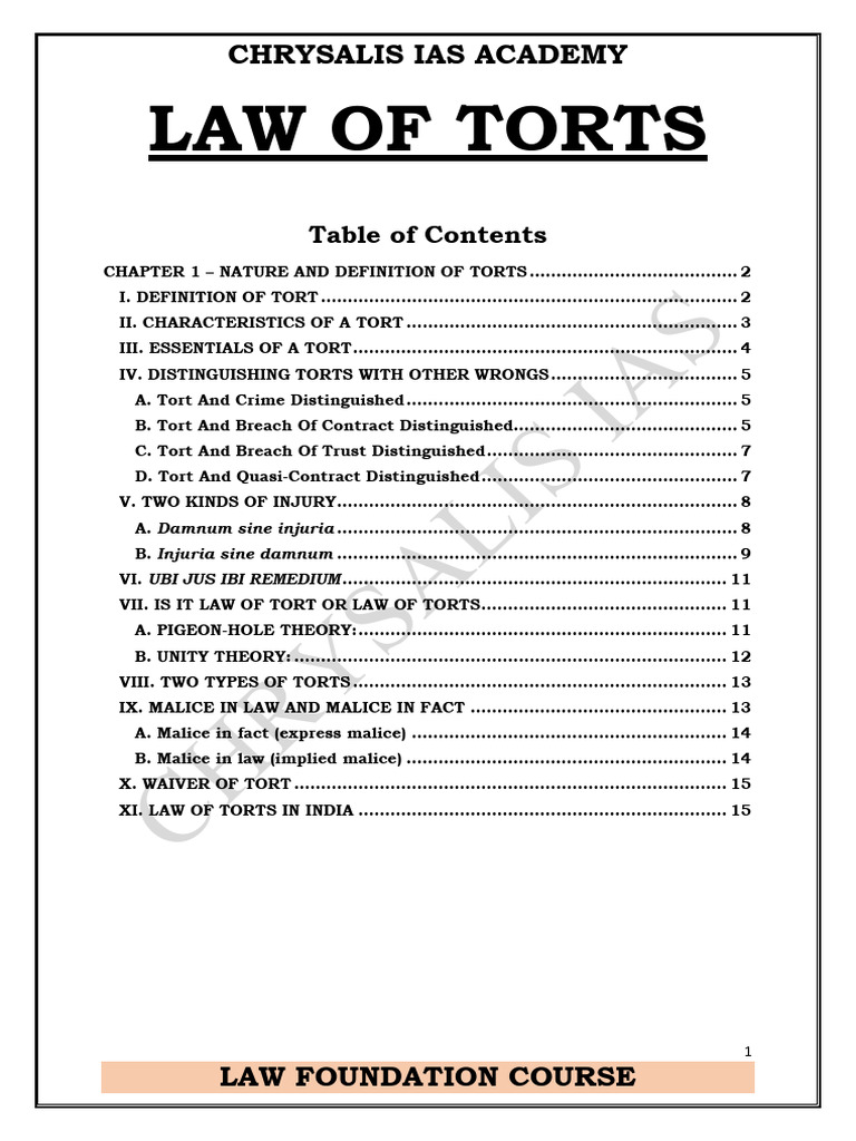 Law of Torts: Definition and Essentials | PDF | Tort | Damages